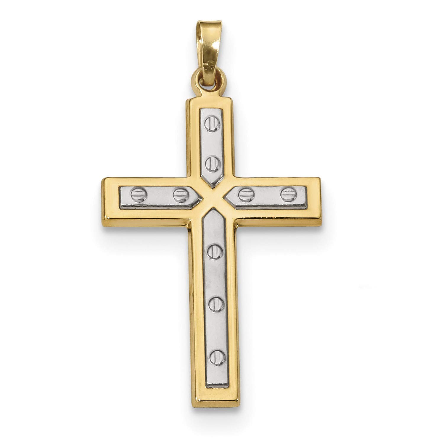 14k Yellow Gold Hollow Latin Cross Pendant With Rhodium Center And Rivet Style Accents 33 mm x 20 mm