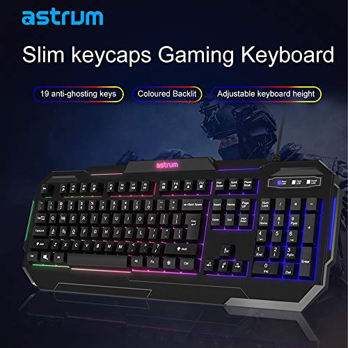 ASTRUM KG200 Wired Gaming Keyboard, LED Rainbow Gaming Backlit, 19 Anti-ghosting Keys, Quick-Response, Multimedia Control for PC and Desktop Computer