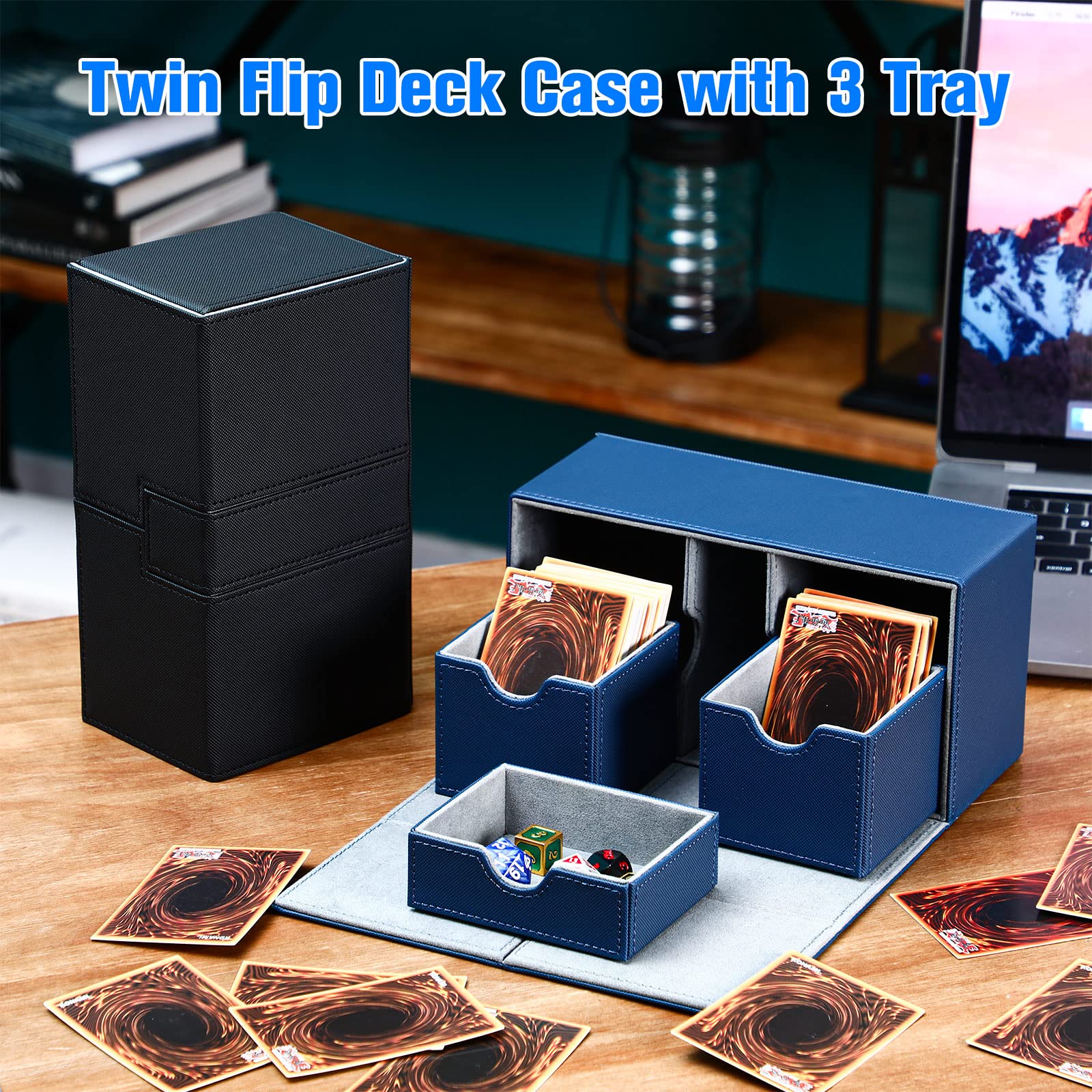 2 Boxes Double Deck Card Boxes Compatible with MTG Cards Leather Deck Card Boxes for 200+ Sleeved Cards Twin Flip Deck Case with 3 Tray for Trading Card Games (Red, Black)