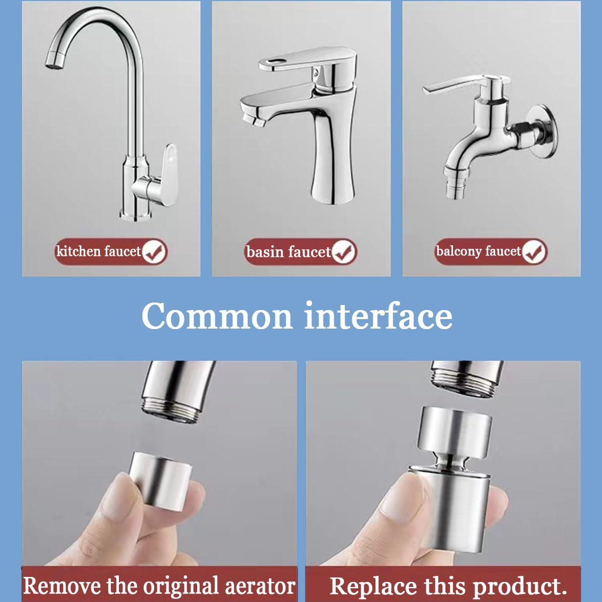 2 Pcs Faucet Aerator, Swivel Kitchen Sink Faucet Aerator, 50° Angle Twist, Dual-function 2-Flow Sprayer Faucet Head, Sink Attachement, Faucet Replacement Part 55/64'' Female Thread, Chrome