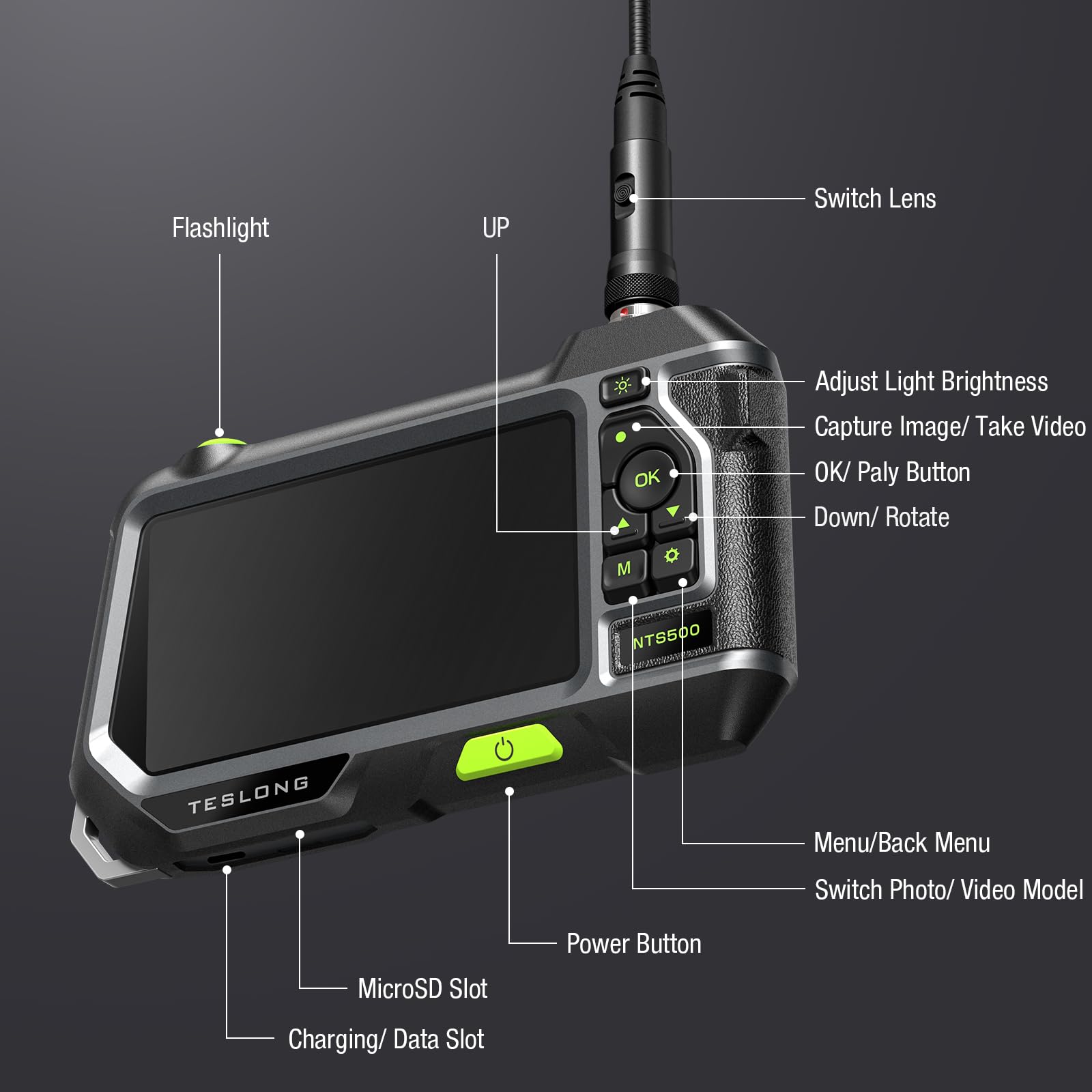 Triple Lens Endoscope with Light, Teslong NTS500 Pro Borescope Inspection Camera with 5inch 720P HD Monitor, Industrial Mechanic Camera Scope, Fiber Optic Snake in Wall Camera(16.5FT)