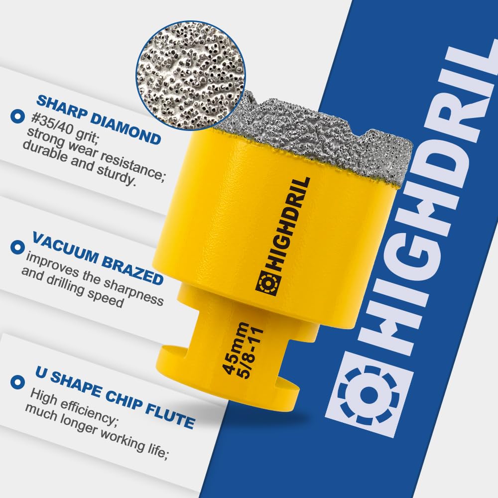 HIGHDRIL Diamond Core Drill Bit - 1-1/8"(28mm) with 5/8-11 Thread Dry Drilling for Porcelain Tile Ceramic Granite Marble Stone Masonry Brick