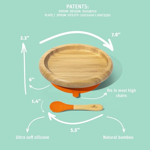 Avanchy Classic Baby Plates Non Divided Bamboo with Suction for Babies Kids Toddler Food with Silicone Spoon for Feeding, Black