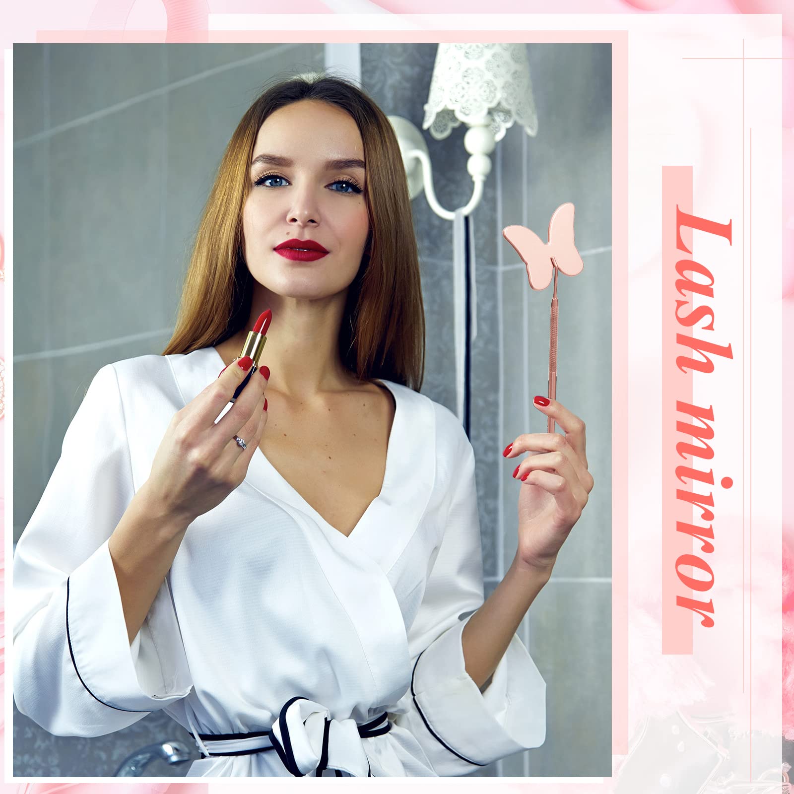 2 Pieces Lash Mirror Stainless Steel Lash Makeup Mirror Butterfly Eyelash Mirror Detachable Square Lash Extension Mirror Eyelash Extensions Accessories for Lash Extension Supplies, Pink and Rose Gold