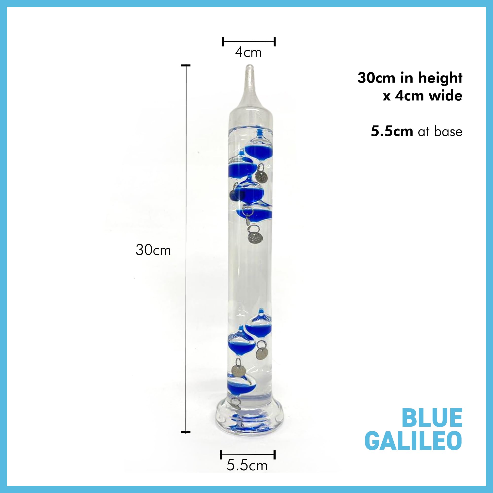30cm Tall Free Standing Galileo Thermometer with Seven Blue Floating Globes | Measures temperatures from 16 Degrees Centigrade to 28 Degrees | Also in Fahrenheit | Weather Station | Water Thermometer