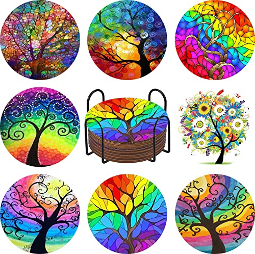 8 PCS Diamond Painting Coasters kit with Holder-Colorful Tree Diamond dot Art Coasters for Adults Kids Beginners,DIY Art and Crafts Gift