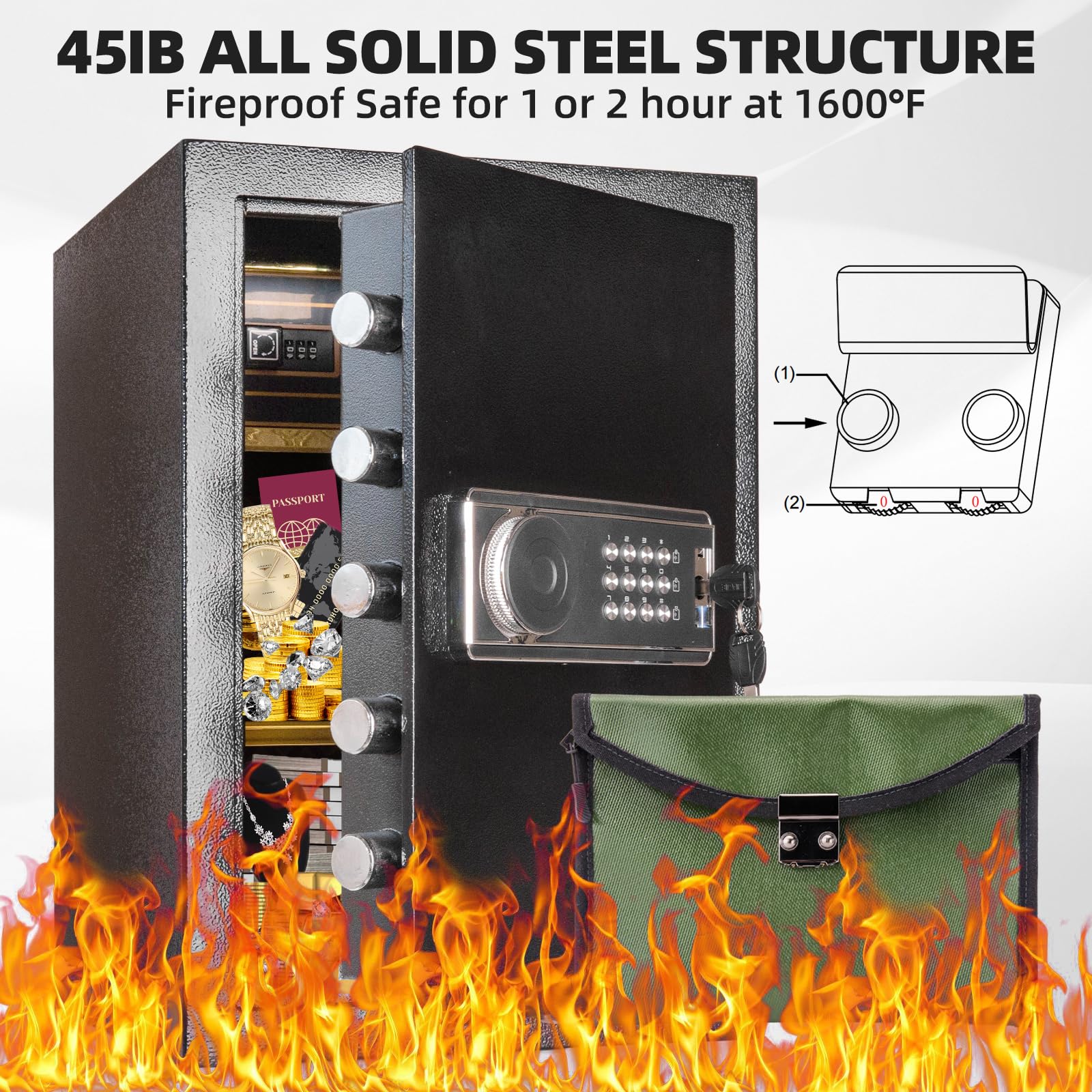 3 Cub Home Safe Box Fireproof Waterproof, Security Safe with Digital Keypad and Built in Lock Box, Fireproof Bag With Lock, Fireproof Safe for Home Firearm Medicine Improtant Papers Valuables