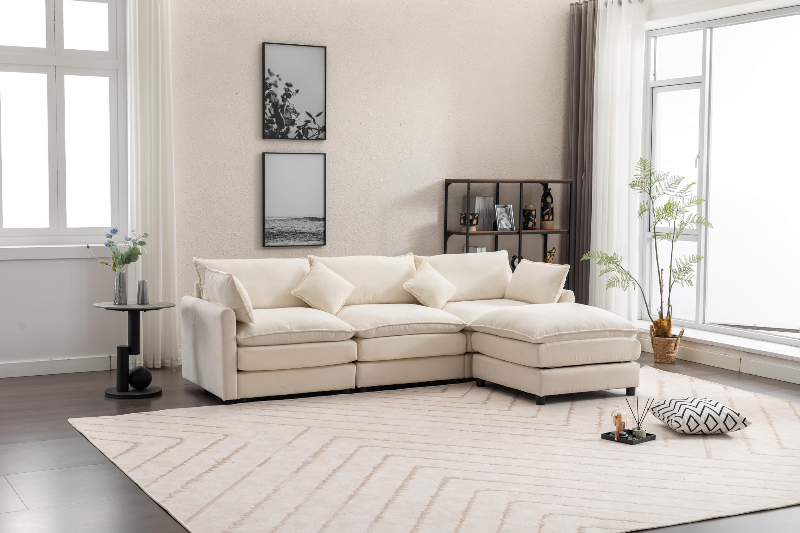 100" Modular Sectional Sofa L-Shaped, Modern Modular Sectional Cloud Couch 3-Seater Sofa with Movable Ottoman, Chenille Upholstered Cloud Couches for Living Room (Beige)