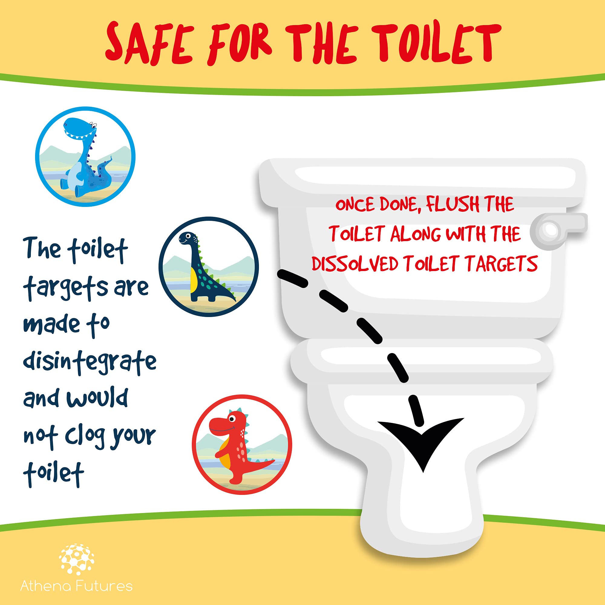ATHENA FUTURES Dinosaur Potty Training Toilet Targets - 2" Water Soluble, Flushable Urinal Paper Cards for Toddlers, Boys - Kids Trainer Kit with Lift Lid Sticker and Peeing Chart - 80 Targets