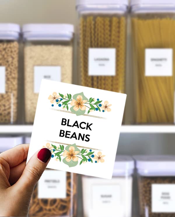 144 Pantry Labels for Food Storage Containers, Waterproof Printed on White Glossy Labels, Household Stickers + Numbers, Floral Kitchen, Water Resistant, Organization for Jars and Canister