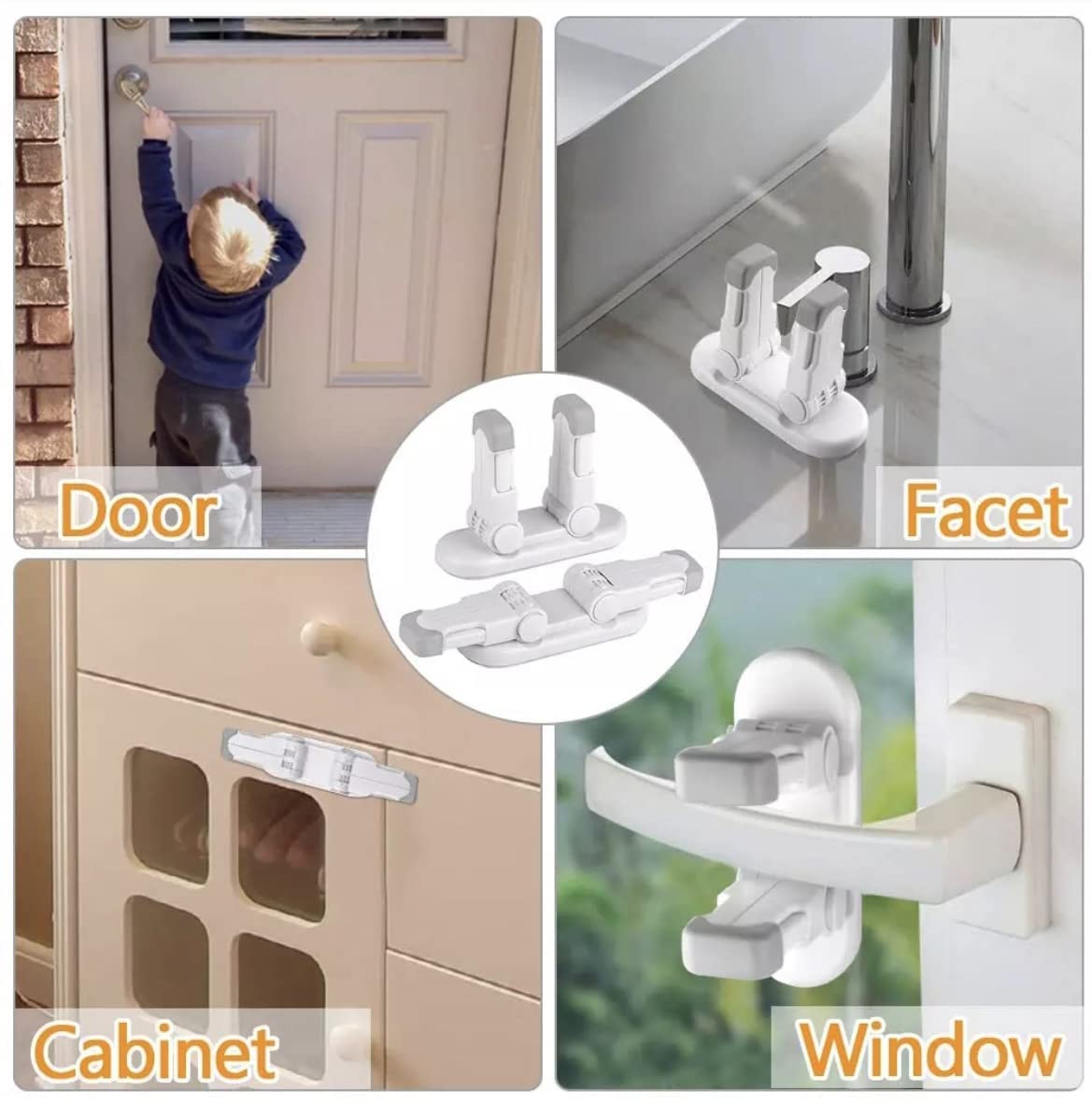 4 Pack, New and Improved Childproof Safety Door Lock, Prevents Toddlers from Opening Doors, BPA Free, 3M Adhesive, Easy to Install, No Drilling Needed.