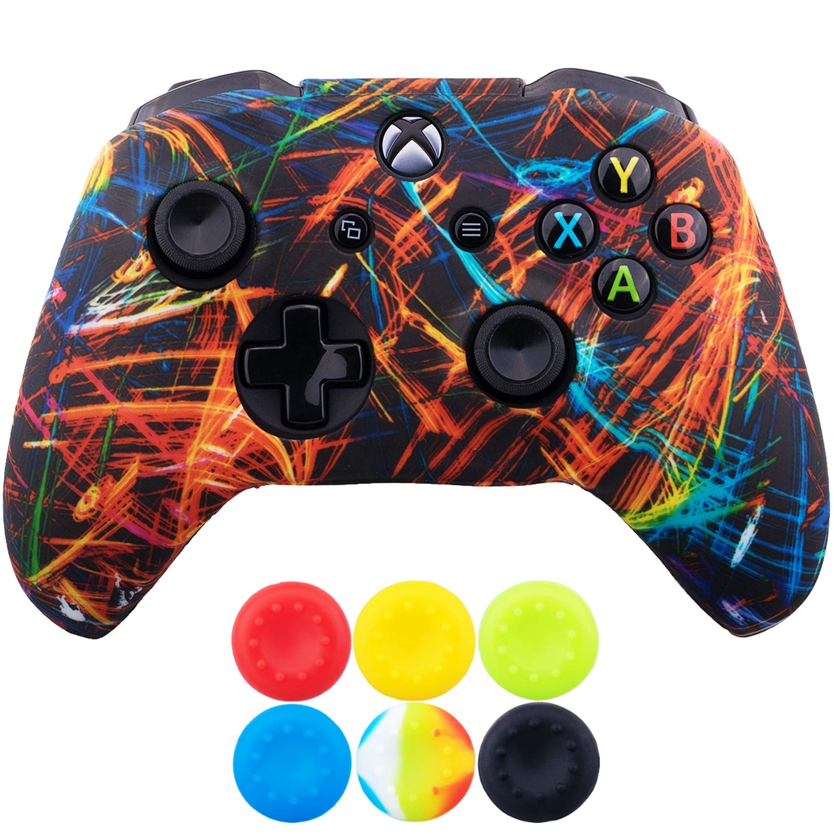 9CDeer 1 Piece of SiliconeTransfer Print Protective Cover Skin + 6 Thumb Grips for Xbox One/S/X Controller Pink Flowers