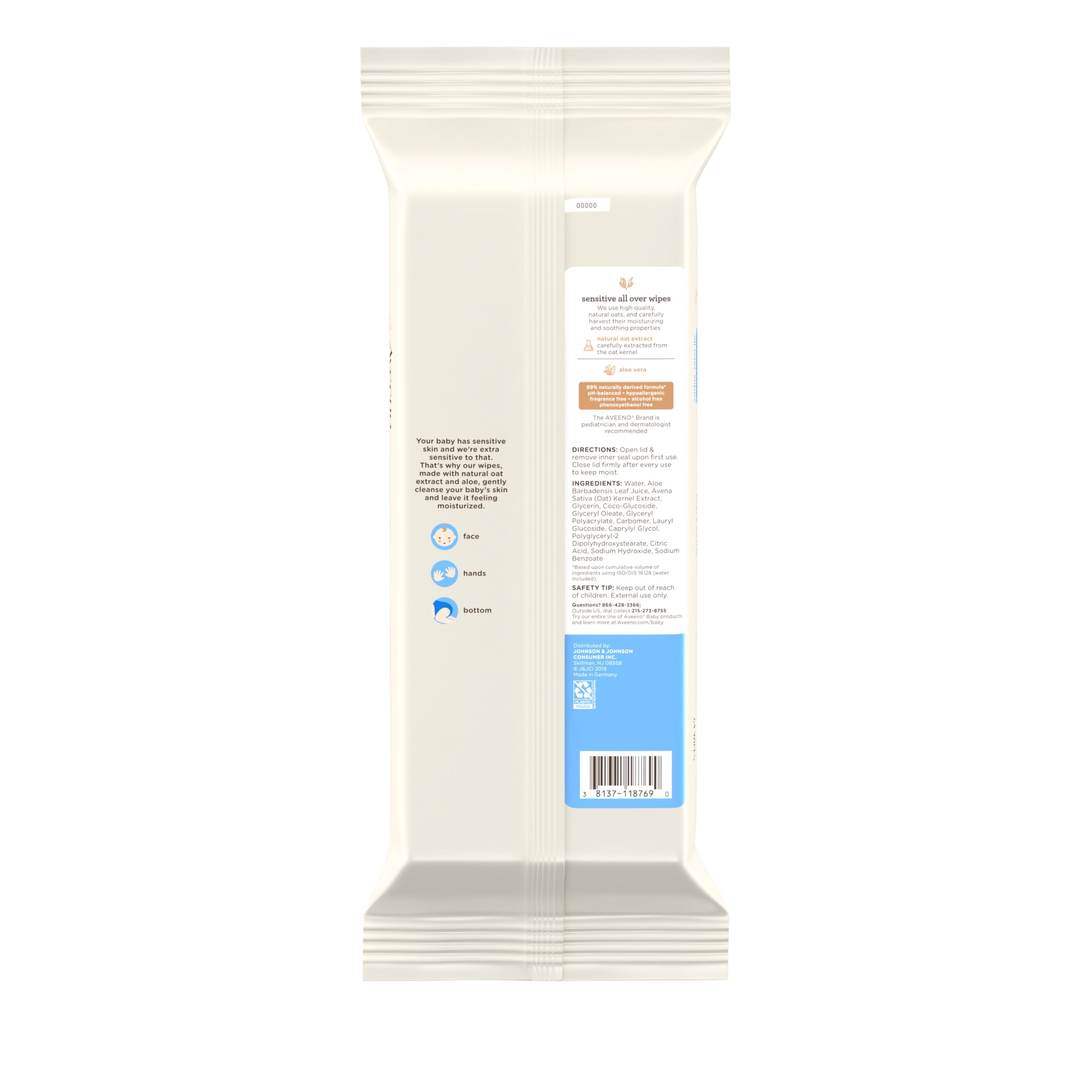 Aveeno Baby Sensitive All Over Wipes with Aloe & Natural Oat Extract for Face, Bottom, Hands & Body, pH-Balanced, Hypoallergenic, Fragrance-, Phenoxyethanol- & Alcohol-Free, 64 ct