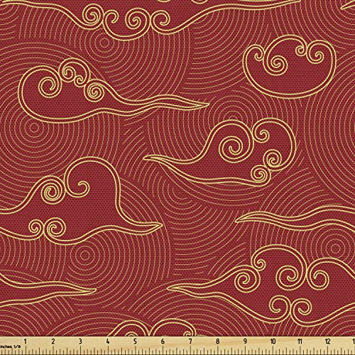 Ambesonne East Fabric by The Yard, Traditional Japanese Style Sky Scrolling Clouds Far Eastern Folk Motif Pattern, Decorative Fabric for Upholstery and Home Accents, 1 Yard, Vermilion Cream