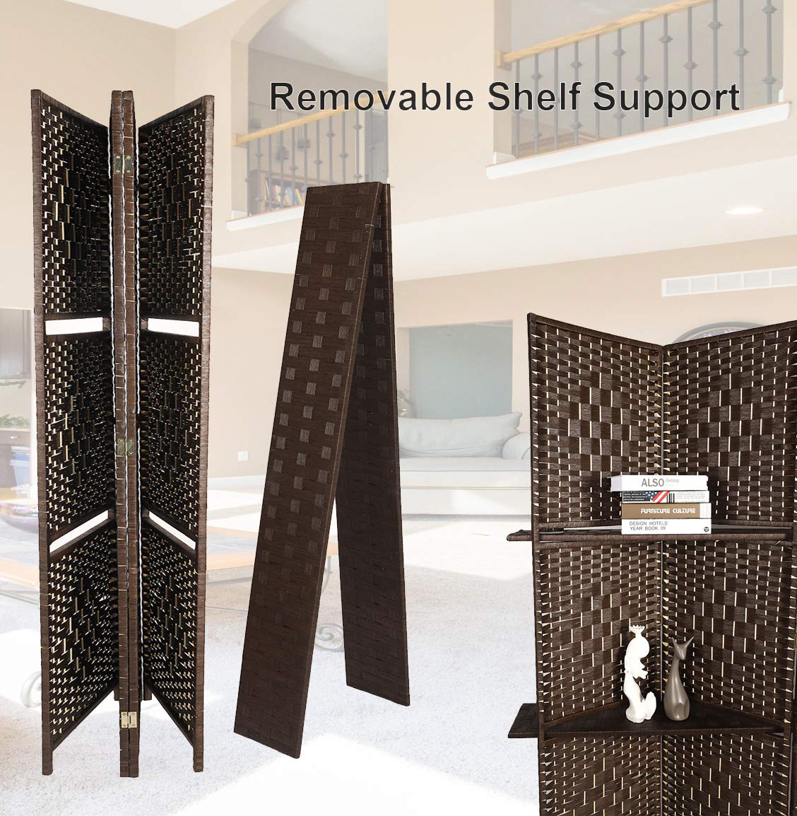 4 Panels Room Screen Divider Hand-Woven Design Room Divider 6 Ft High Fiber Freestanding Privacy with Wooden Removable Storage Shelves Screen Suitable for Living Room and Study, Brown