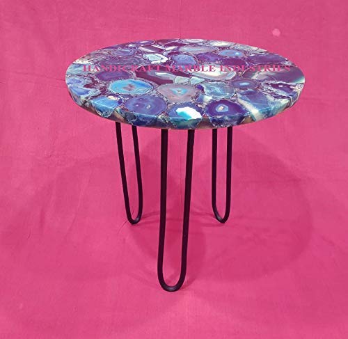15" Inch Round Natural Blue Agate Coffee Table with with Metal Base, Agate Table Top Home Decor, Agate Round Coffee Table