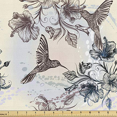 Ambesonne Hummingbird Fabric by The Yard, Birds and Hibiscus Flowers Nostalgia Antique Design Classical Print, Decorative Fabric for Upholstery and Home Accents, 1 Yard, Teal Brown