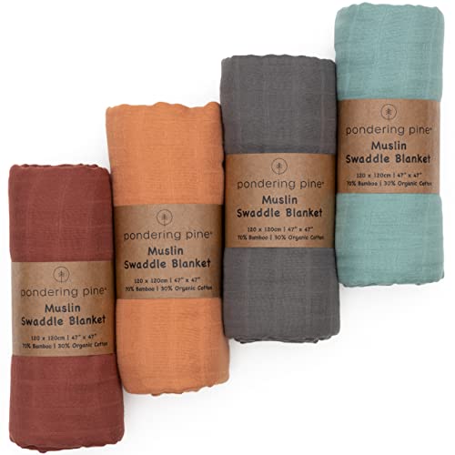 Pondering Pine Organic Muslin Swaddle Blanket - Baby Receiving Blankets Neutral - Boho Earth Tone Collection, 4 Pack, 47" x 47