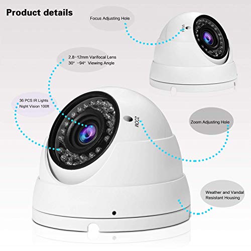 2MP 1080P Analog Security Dome Camera for CCTV Coax Analog DVR System, 100ft IR Night Vision, 2.8-12mm Manual Varifocal Lens, Outdoor, Compatible with Hikvision, Dahua, Lorex, Amcrest Coax DVR