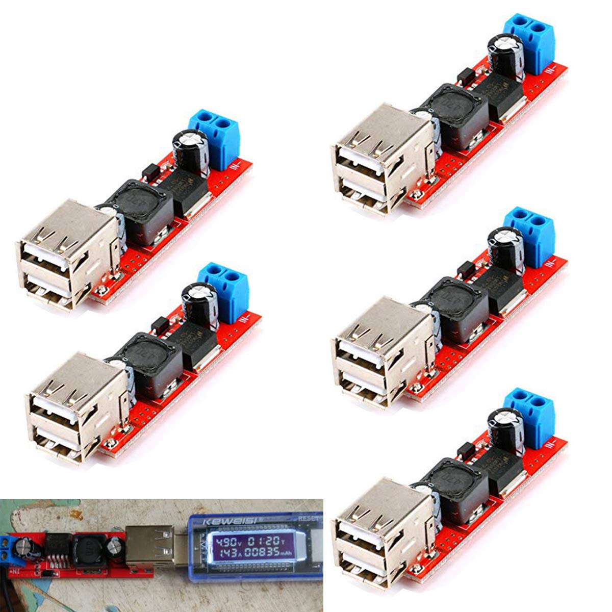 DAOKI 5Pcs Dual USB Step-Down Power Module LM2596 Double USB Step-Down Converter Module DC 6V-40V to 5V 3A Double USB Charge DC-DC 9V/12V/24V/36V to 5V USB 3A