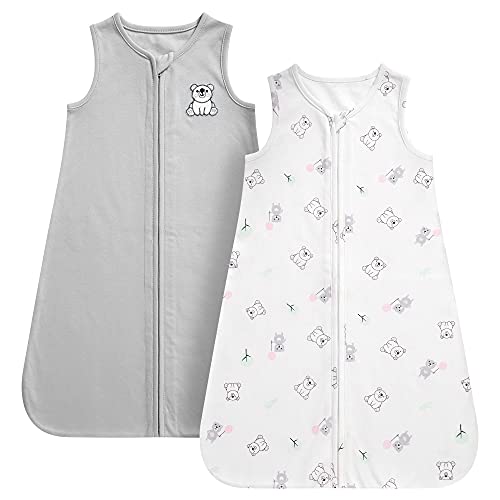 DaysU Cotton Baby Wearable Blanket, Sleeveless Baby Sleep Sack with One-Way Zipper, Embroidered and Printed Baby Wearable Blanket for Newborn Baby Unisex 18-24 Months, 2-Pack, Grey Bear