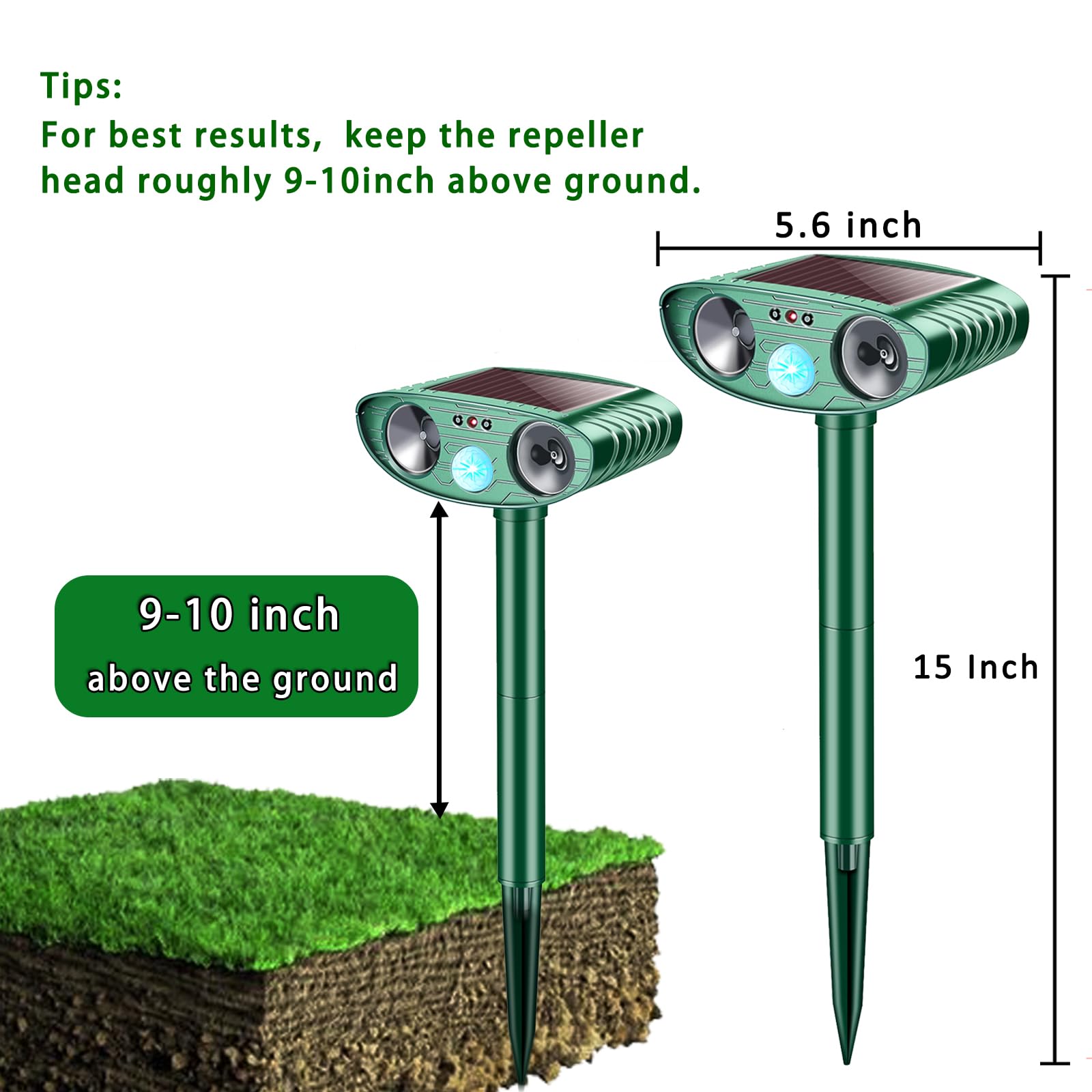 2 Pack Solar Ultrasonic Pest Animal Repeller, Deer Repellent Devices with Motion Sensor, Outdoor Waterproof Deterrent Repel Deer, Cat, Dog, Raccoon, Fox, Skunk, Rabbit, Squirrel for Garden, Yard
