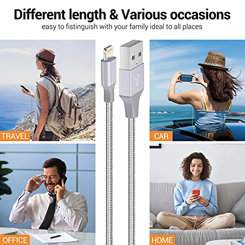 iPhone 13 14 Charger Cord - 3 Pack 3/6/10 ft MFi Certified Lightning Cable Nylon Braided Fast Charging Syncing Cord Compatible with iPhone 14 13 12 Pro Max 11 X Xs XR 8 7 6 Plus Mini iPad Airpods Gray