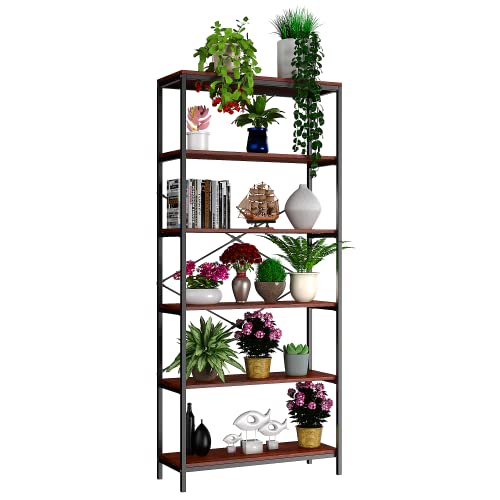 6 Tier Industrial Bookshelf, 71" Tall Open Bookcase, Rustic Wood Organizer Shelves on Metal Frame, Multi-Functional Storage Shelf Rack for Bedroom Living Room Garage Office Basement
