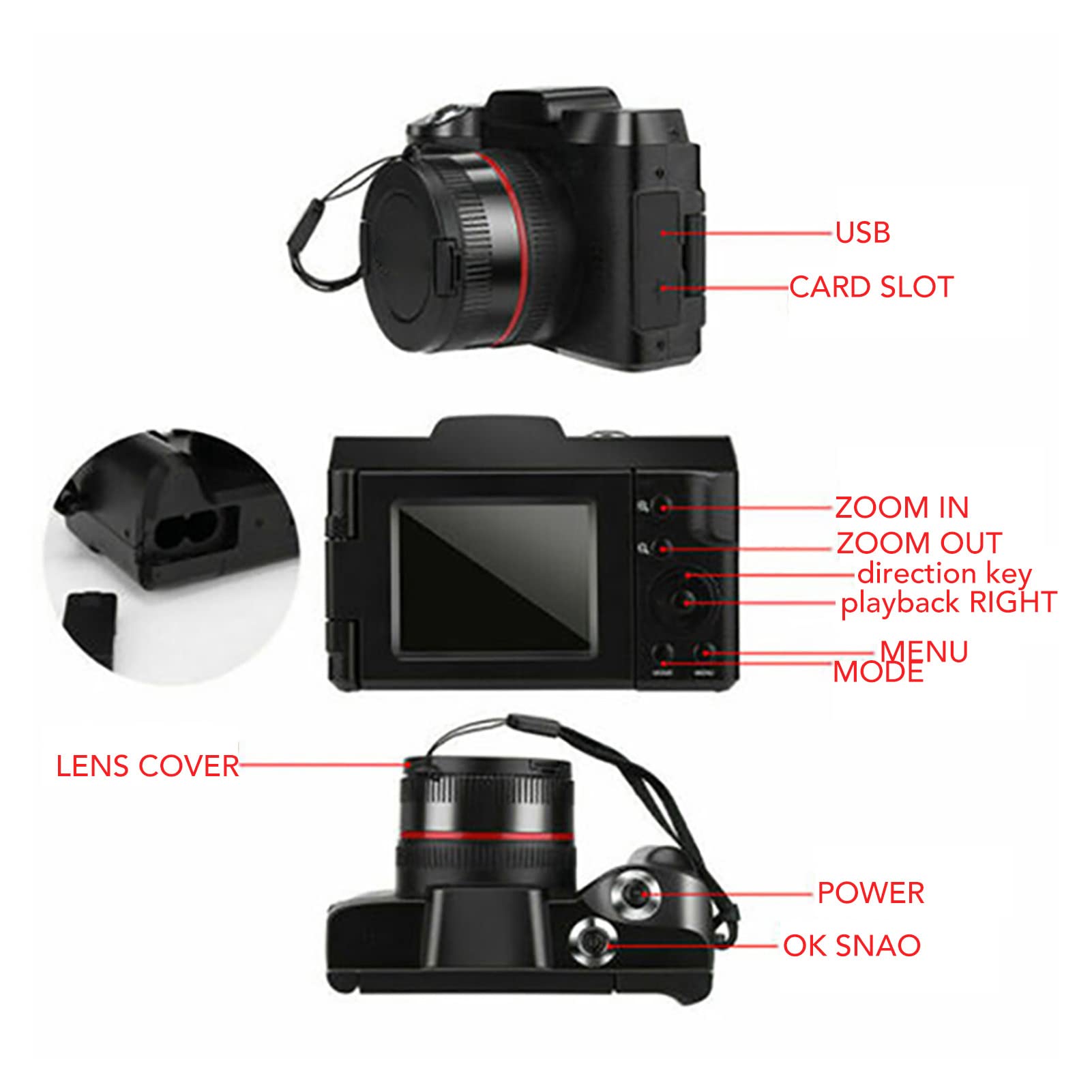 16MP Digital Camera, 1080P TFT LCD Screen, 16X Digital Zoom, Recording, 180 Degree Flip Screen, 1/4in Screw Mount for Clear Details, Selfies, and Stable Shooting