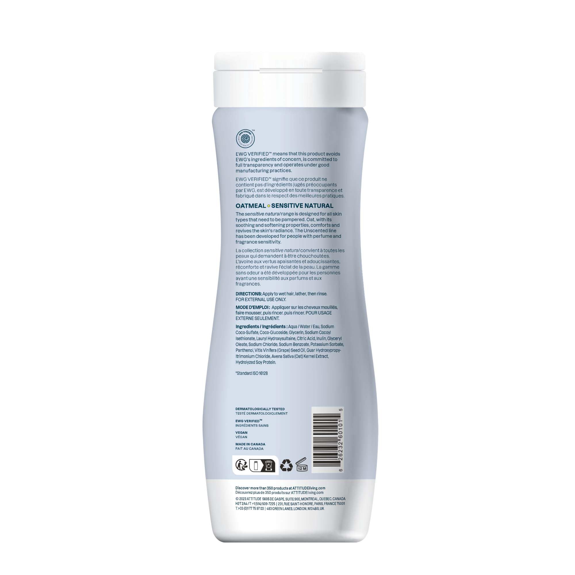 ATTITUDE Hair Shampoo for Sensitive Dry Scalp, EWG Verified, Soothing Oat, For Thin Hair, Naturally Derived Ingredients, Vegan and Plant-Based, Volume and Shine, Unscented, 16 Fl Oz