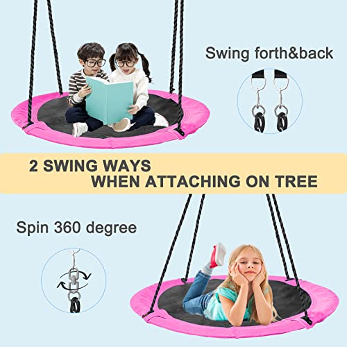 43β 700lbs Saucer Tree Swing,All-Weather Resistant Textilene Swing,360 Degree Spin,w/ 1 Swivel,2 Adjustable Ropes&Long Straps,Easy to Install,Comfortable for Kids Backyard,Playground (Pink)