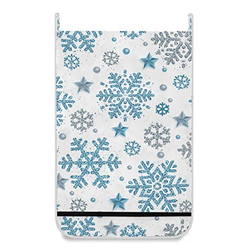 Snowflakes And Stars Door Hanging Laundry Hamper Bag Winter Christmas Space Saving Wall Large Laundry Basket Storage Dirty Clothes Bags with Bottom Zippers Hooks For Bathroom Bedroom 1 Pcs