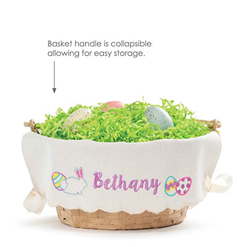 Bunny and Eggs Personalized Easter Egg Basket with Handle and Custom Name | Scallop Edge Linen Easter Basket Liners | Tan Basket | Woven Easter Baskets for Kids | Customized Easter Basket