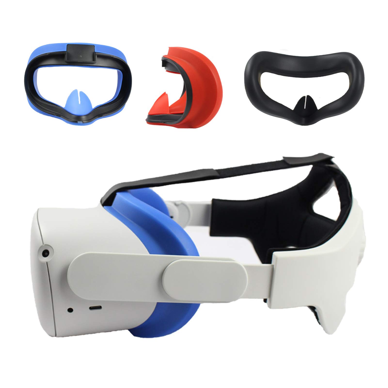 2 PCS VR Face Silicone Cover for Oculus Quest 2 VR Headset, Soft Anti-Sweat VR Eye Cover Face Padding, Washable Anti-Leakage Light Blocking Eye Cover (Black+Blue)