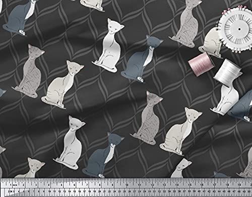 Soimoi Black Cotton Canvas Fabric Quatrefoil Cat Animal Printed Craft Fabric by The Yard 44 Inch Wide