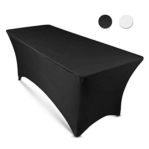8ft Tablecloth Rectangular Spandex Linen - Black Table Cloth Fitted Cover for 8 Foot Folding Table, Wedding Linens Banquet Cloths Rectangle Covers