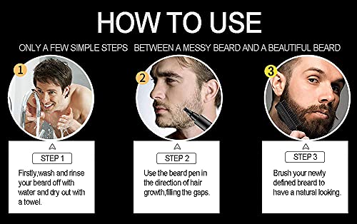 Beard Pencil Filler for Men Water Proof& Sweat Proof, Long Lasting - Beard Filling Pen Kit with Brush and Beard Styling Comb Tool Creates Natural Looking Beard, Moustache & Eyebrows (Black, Home kit)