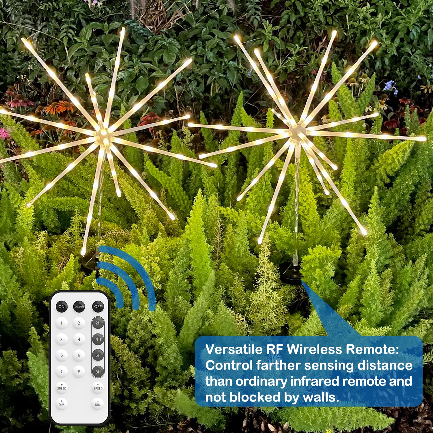 2 Packs Outdoor Solar Firework Lights Solar Powered Starburst Lights LED String Lights with Remote, 8 Lighting Modes Star Lights, Christmas Decorative Hanging Lights for Party Wedding Patio Garden
