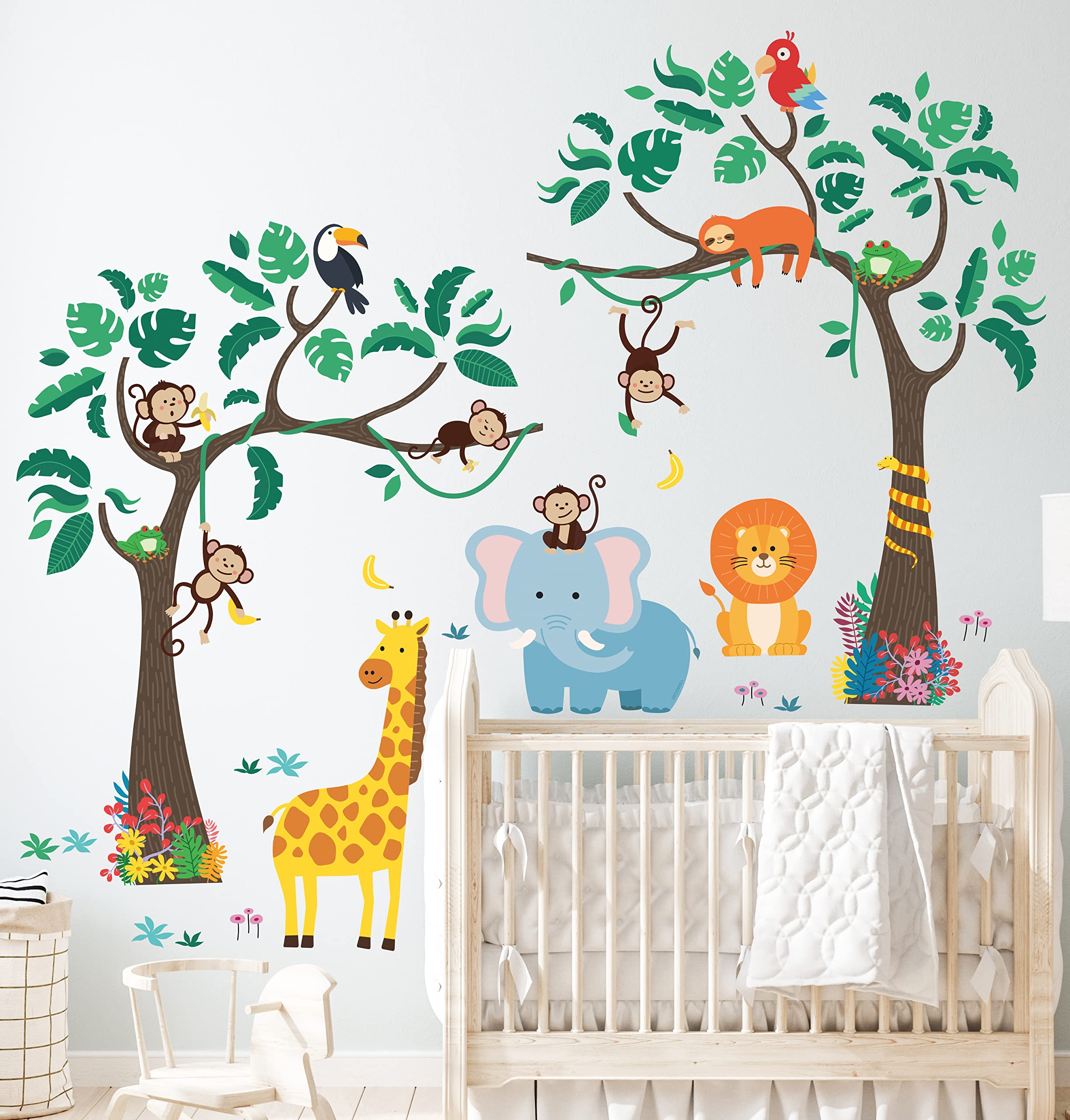 DECOWALL SG-2112 Jungle Animal Tree Wall Decals Elephant Monkey Giraffe Lion Forest Wall Stickers for Kids Baby Nursery Bedroom Playroom Living Room Decor DIY Art