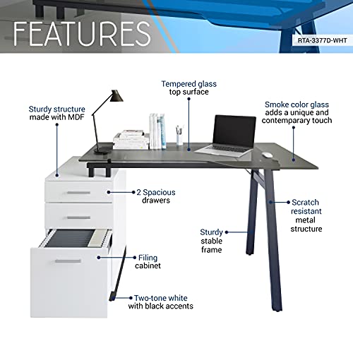 Techni Mobili Modern Smoke Tempered Glass top & Storage Home Office Computer Writing Desk Workstation with Two Cupholders and a Headphone Hook-Pine, 59.5" D x 29.25" W x 29.5" H, White
