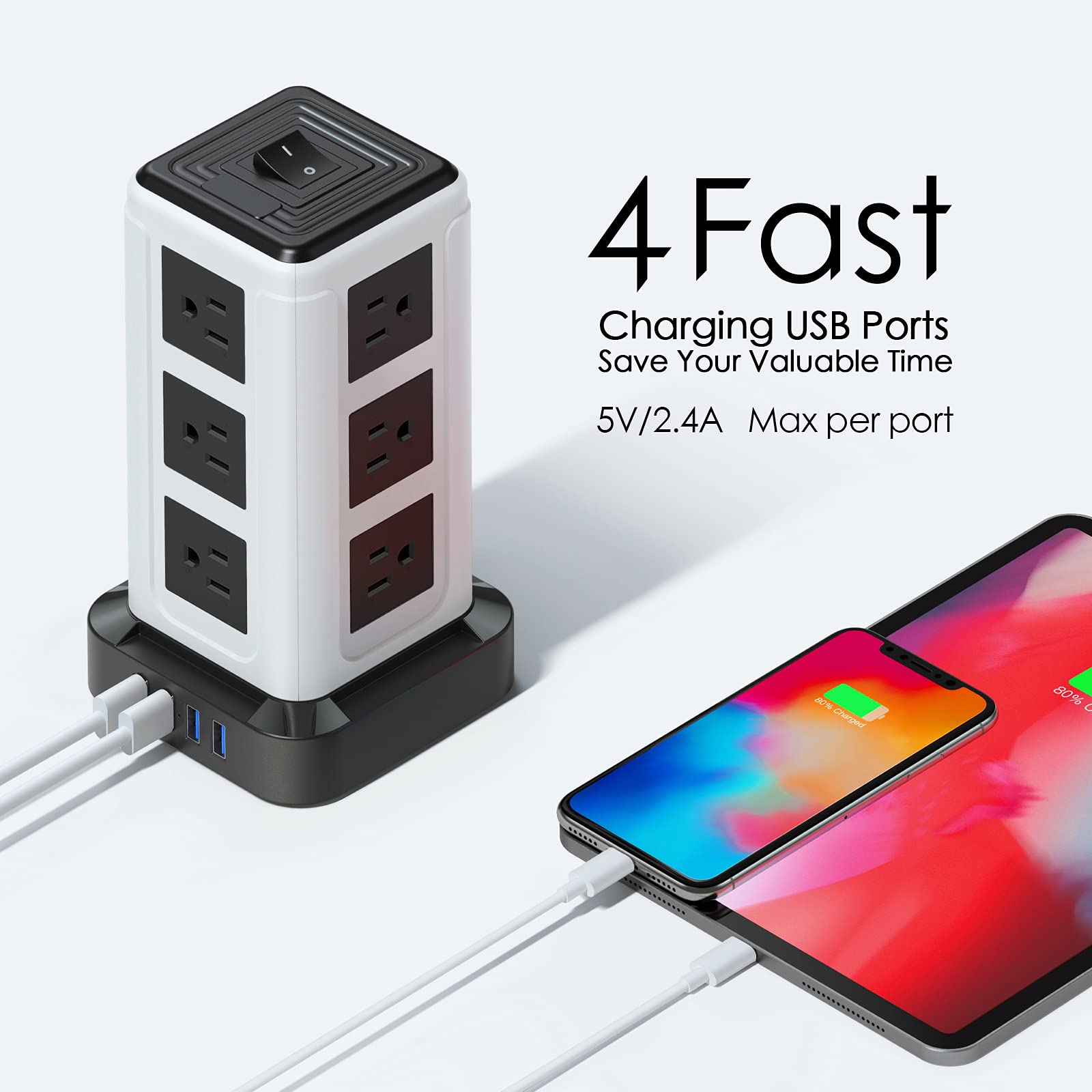 Power Strip Surge Protector with 12 AC Outlets 3250W, 4 USB Ports 1050J and 9.8ft Extension Cord, Power Strip Tower Electric Charging Station for iPhone Tablet Laptops Home Office