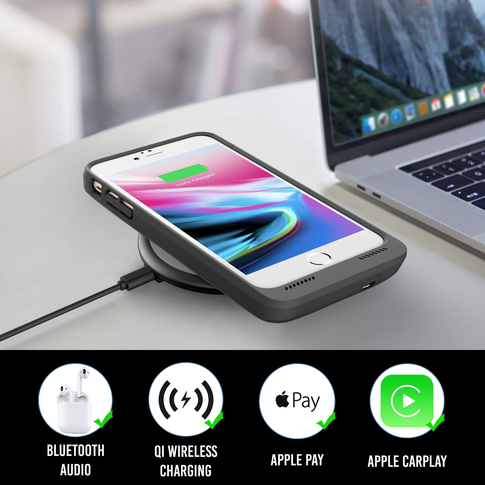 Alpatronix iPhone 8 Plus/7 Plus/6S Plus/6 Plus Battery Case, Portable Protective Charger Case with Wireless Charging and Built in Rechargeable Battery Pack for Extended Charging - BX190plus β Black