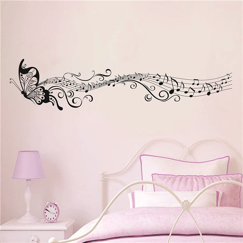 Removable Large Flying Butterfly Notes Music Wall Decor Sticker Kids Room Bedroom Butterflies Adhesive for Baby Nursery Room Vinyl Wall Mural TM-55 (Black)
