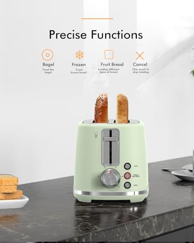 2 Slice Toaster, Wide Slots,High Lift, Auto-Off, & Frozen Modes for Toast, Bagels, Waffles & Fruity Breads, Modern Sleek Design, Easy-Clean Crumb Tray, Green