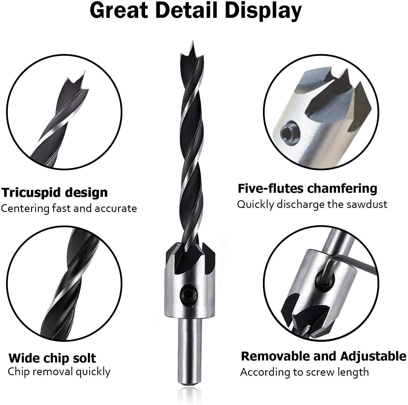 Countersink Drill Bit, Golden^Li 7 PCS 3-10mm HSS Woodworking Drill Bits Set Chamfering Counter Bits with One Hex-Key, Adjustable Carpentry Reamer Plated Perfect for Plastic Metal Wood DIY