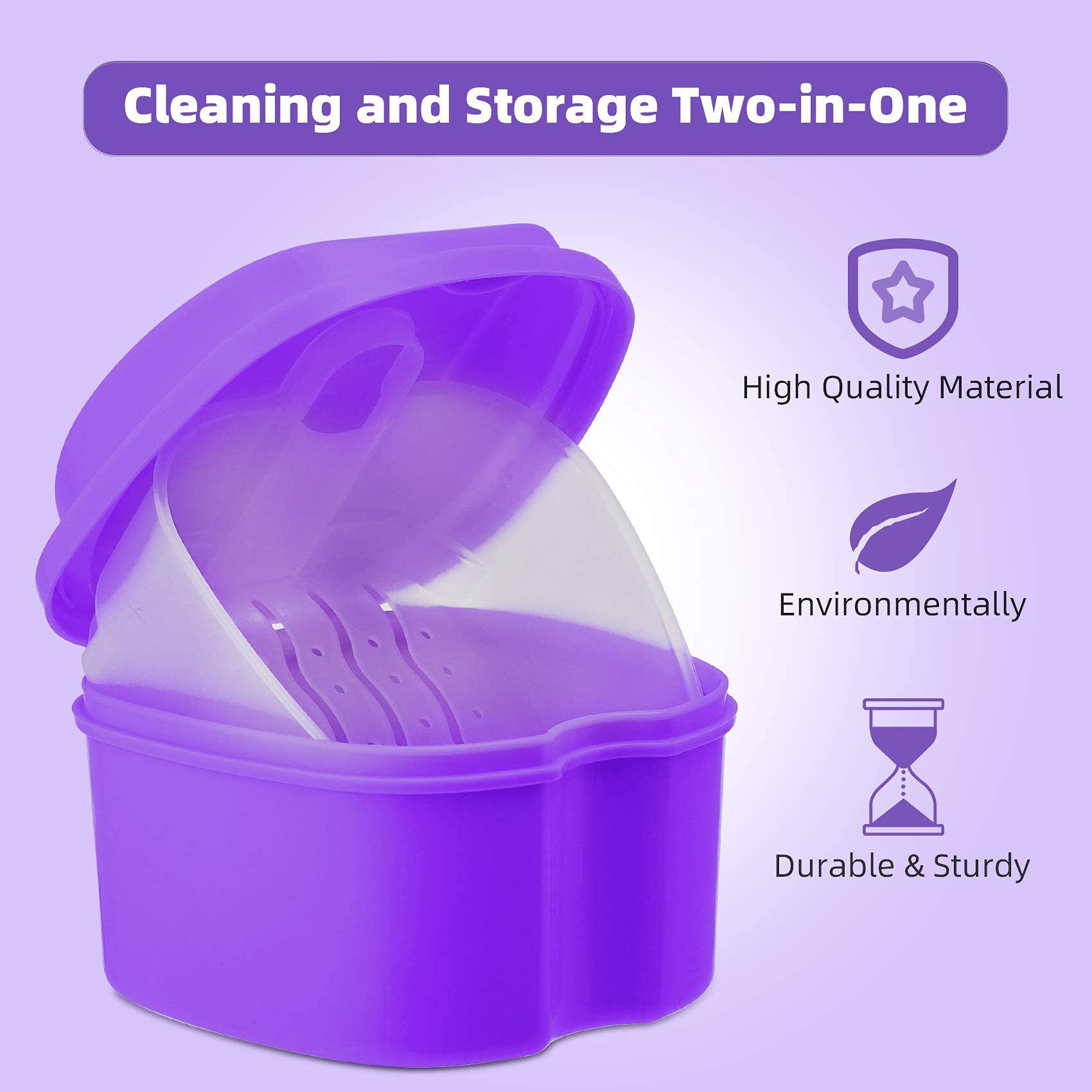 Denture Soaking Cup Dental Retainer Case Cleaning with Strainer Basket, Orthodontic Bath Box Mouthguard Storage Holder - Leak Proof and Lid Waterproof - Purple