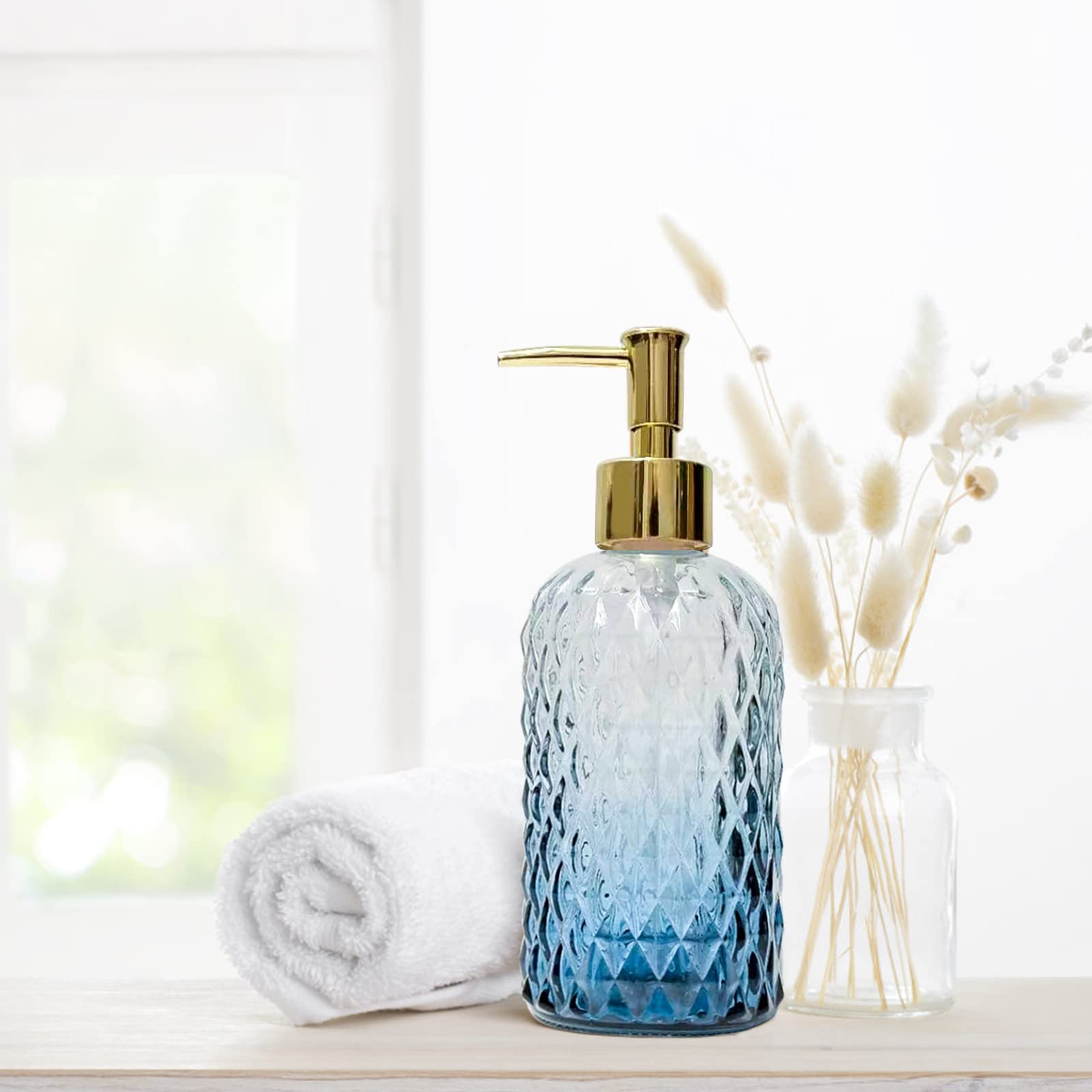 13oz Glass Soap Dispenser, Diamond Shaped Embossed Refill Hand Soap Clear Glass Bottle with Pump for Essential Oils, Liquid Soap, Detergent, Lotion (Transparent+Blue)