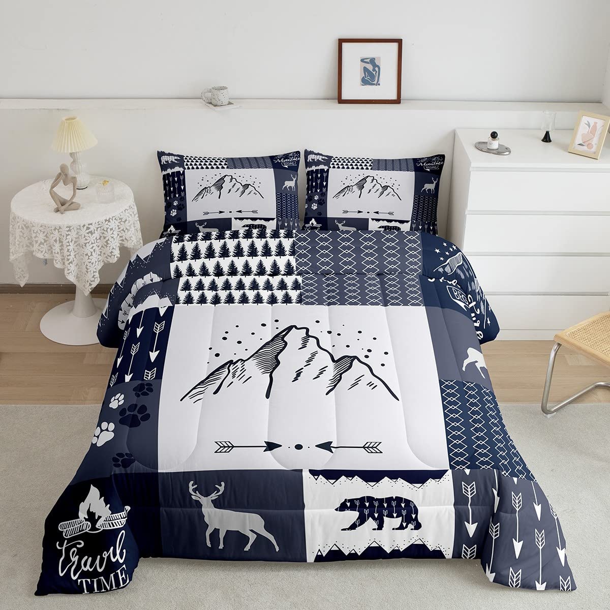 Deer Bear Bedding Set Cartoon Animals Decor Deer Bear Hunting Comforter Set for Kids Boys Girls Children Western Farmhouse Comforter Ultra Soft Decor Arrow Blue Duvet Set Full Size