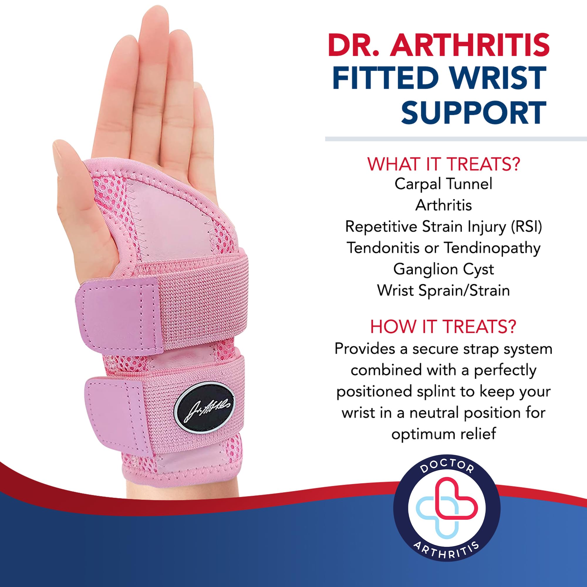 Dr. Arthritis Doctor Developed Fitted Wrist Brace for Carpal Tunnel Syndrome, Tendonitis and other Wrist Conditions, Splint Support Single (Pink, Left Hand)