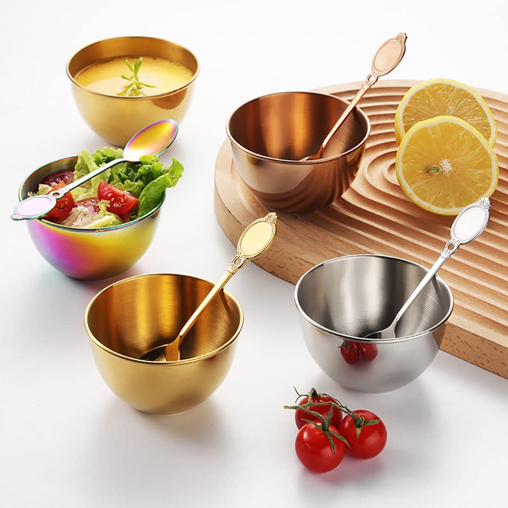 18/8 Stainless Steel Condiments Side Sauces Dishes Cereal Dessert Ice Cream Appetizer Bowls and Spoons Small Gold Serving Suace Cups for Kitchen Mini Dessert Cups